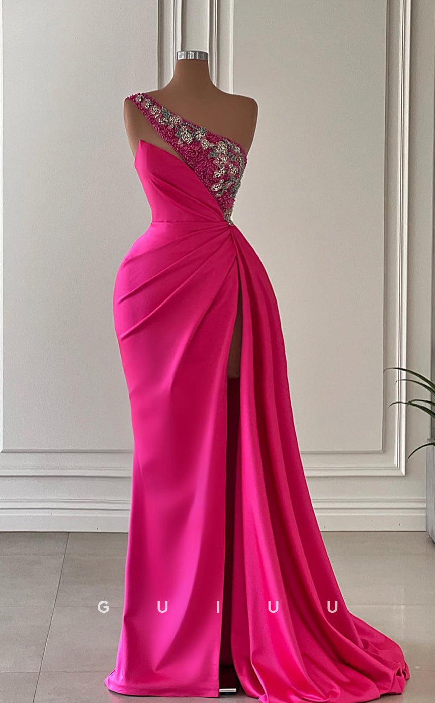 G2966 - Chic & Modern One Shoulder Beaded Pleats Long Formal Prom Dres ...
