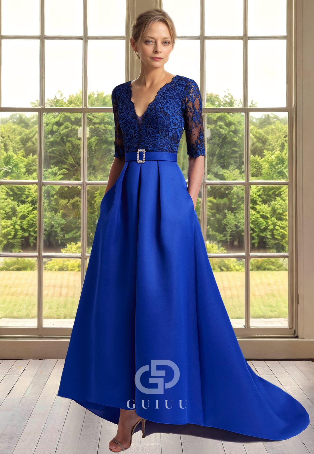 A-Line V Neck Half Sleeves Lace Back Zipper Button Mother of Bride Dre ...