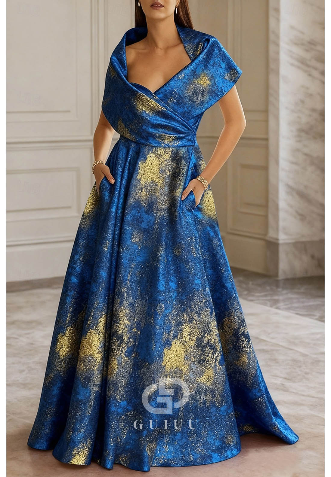 A-Line Evening Gown Short Sleeve Queen Anne Pocket Nylon – GUIUU